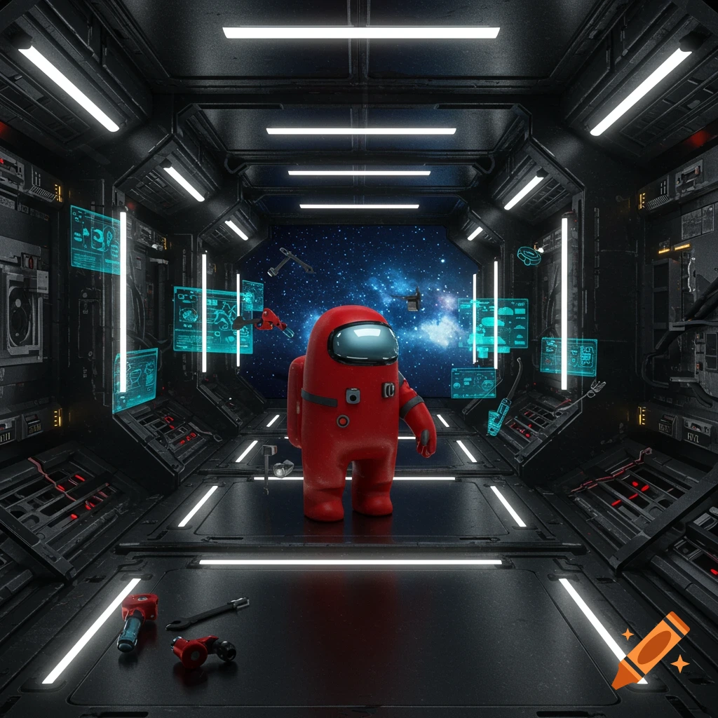 A red Among Us character stands in a futuristic spaceship corridor with ...