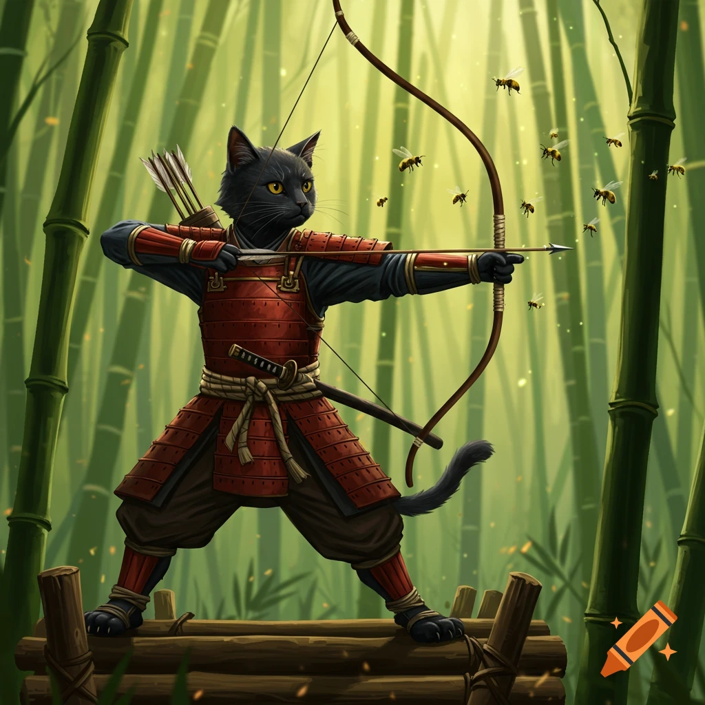 A black cat samurai in red armor aims a bow at a swarm of bees in a vibrant bamboo forest ...