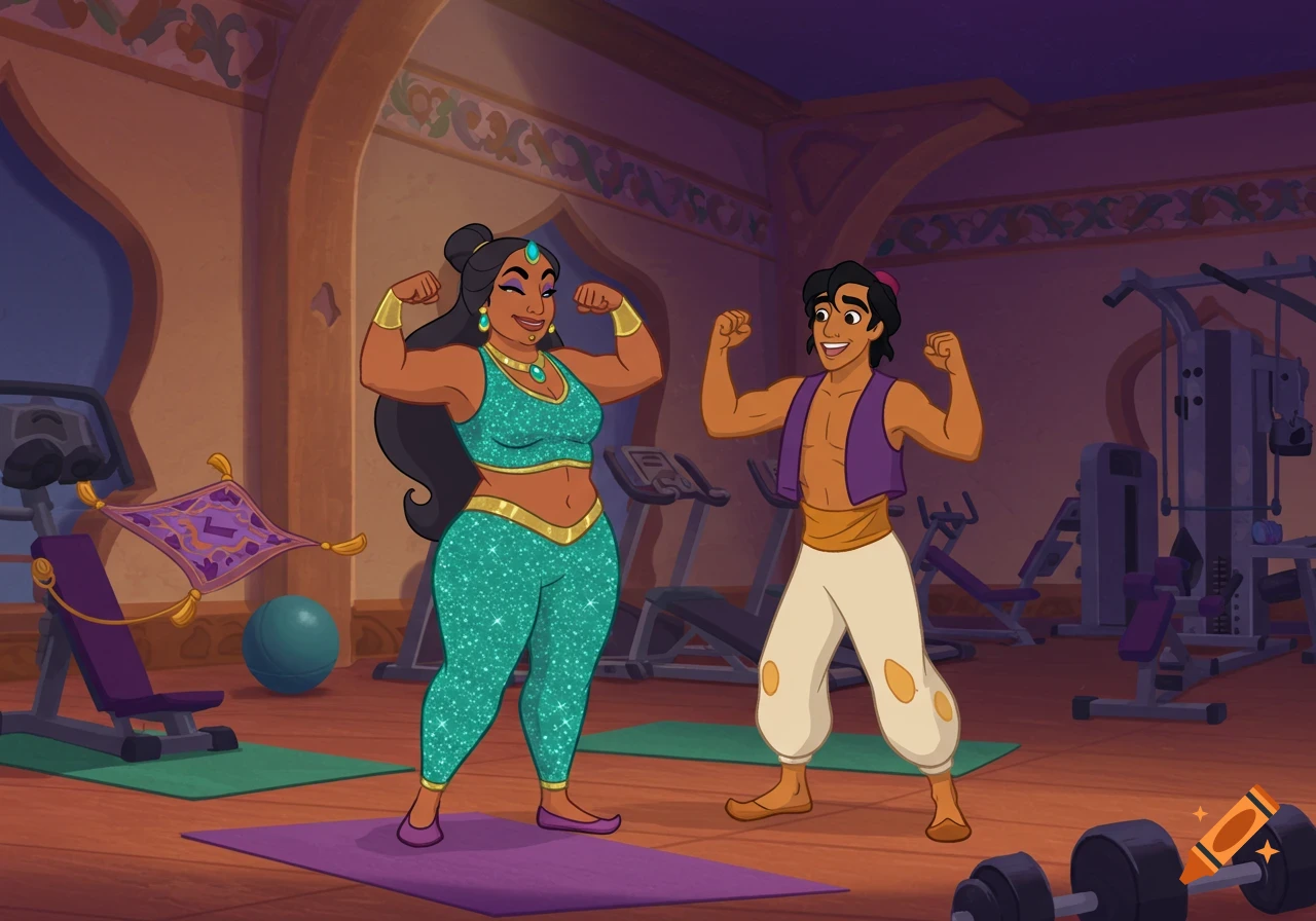 Cartoon of a muscular woman in sparkly teal activewear and Aladdin ...