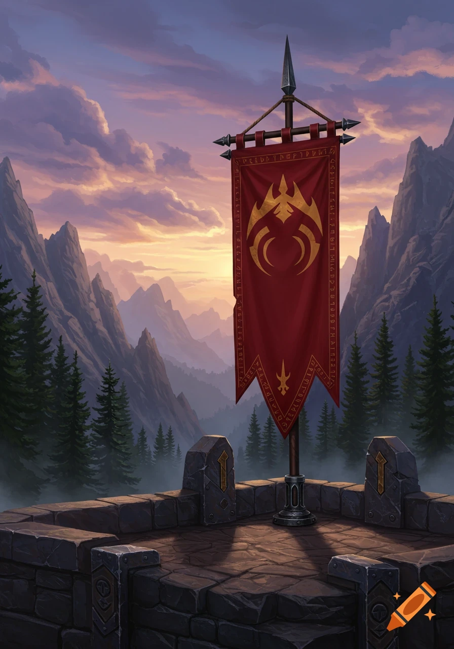 A dark teal fantasy flag with golden patterns and a glowing crystal ...