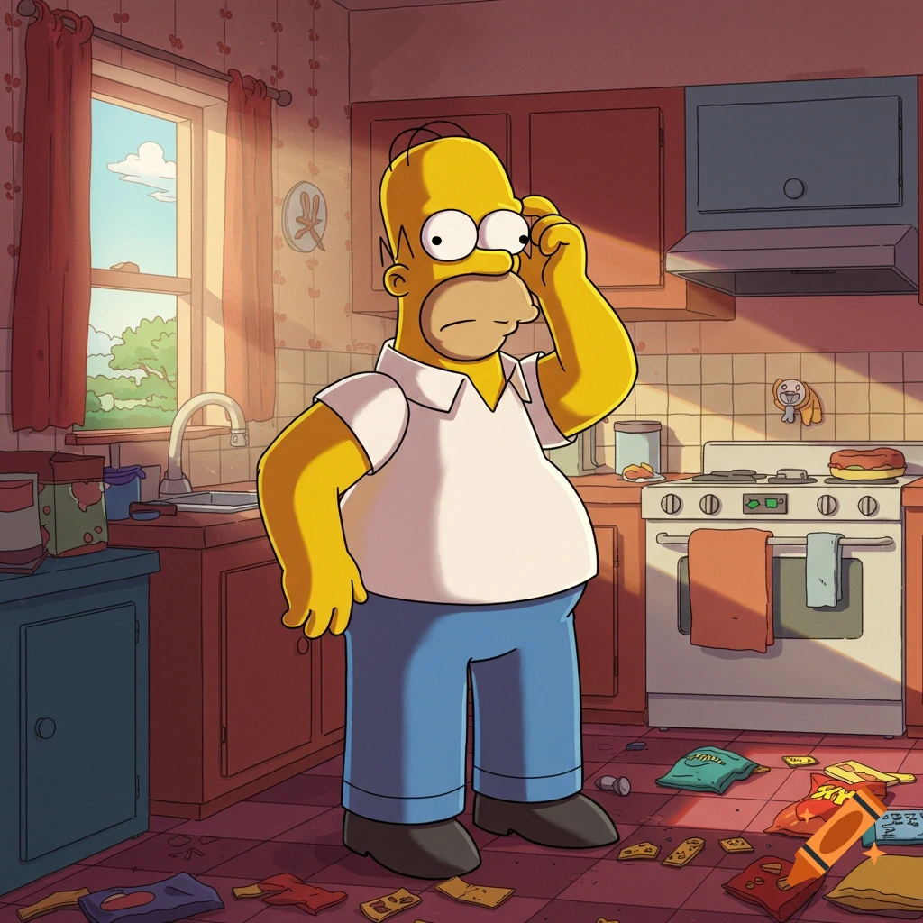 Homer Simpson scratches his head in a messy kitchen with snack wrappers ...
