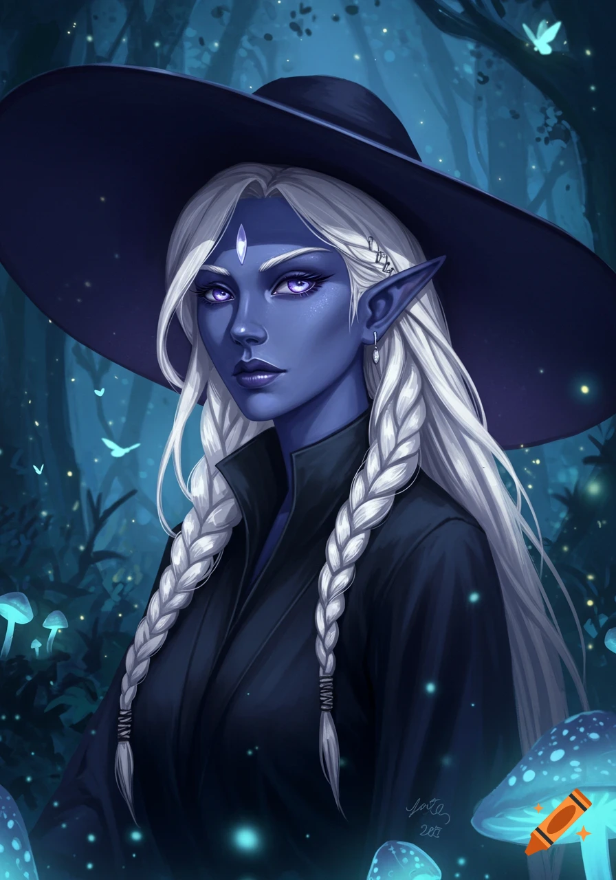 A digital painting portrait of a blue-skinned drow woman with white ...