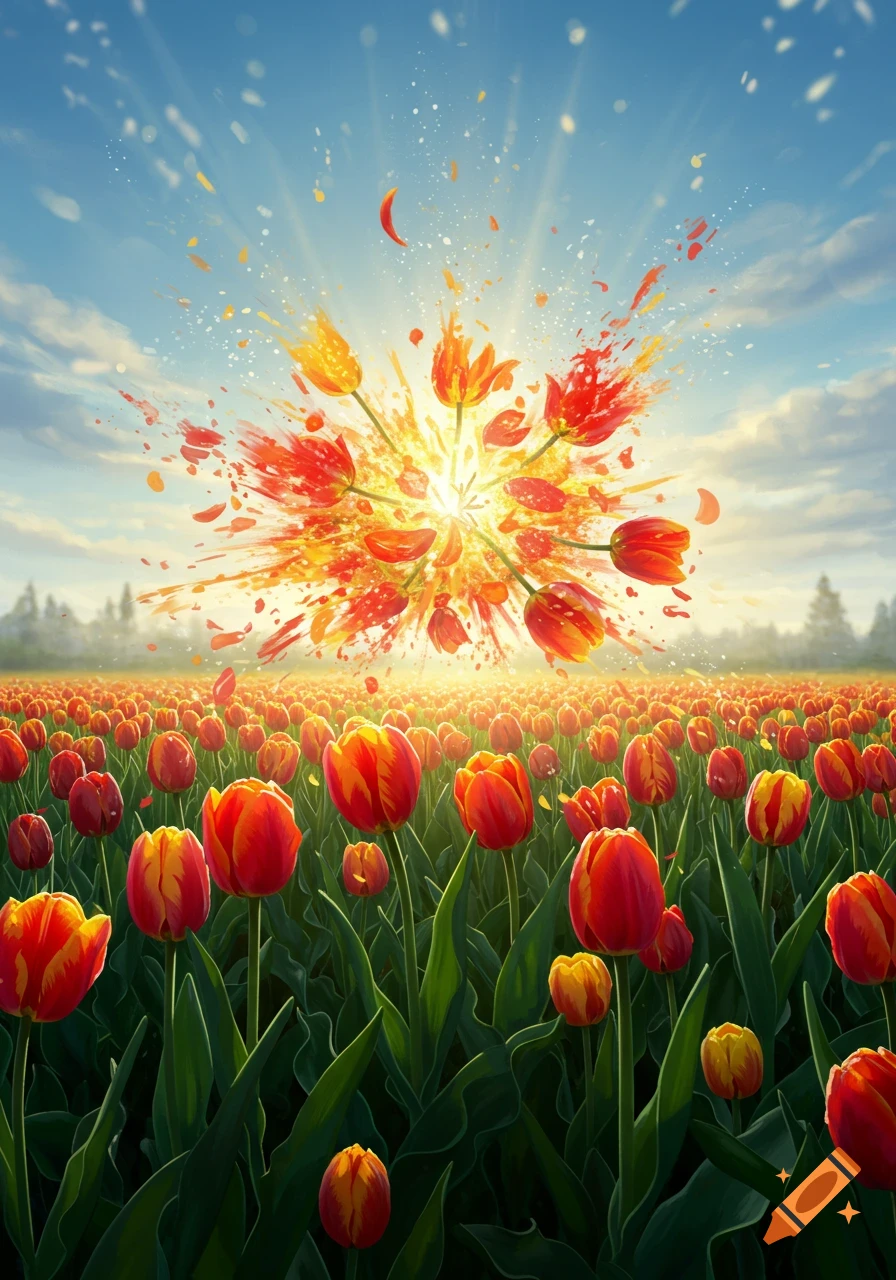 A vibrant field of red, yellow, purple, and pink tulips stretches ...