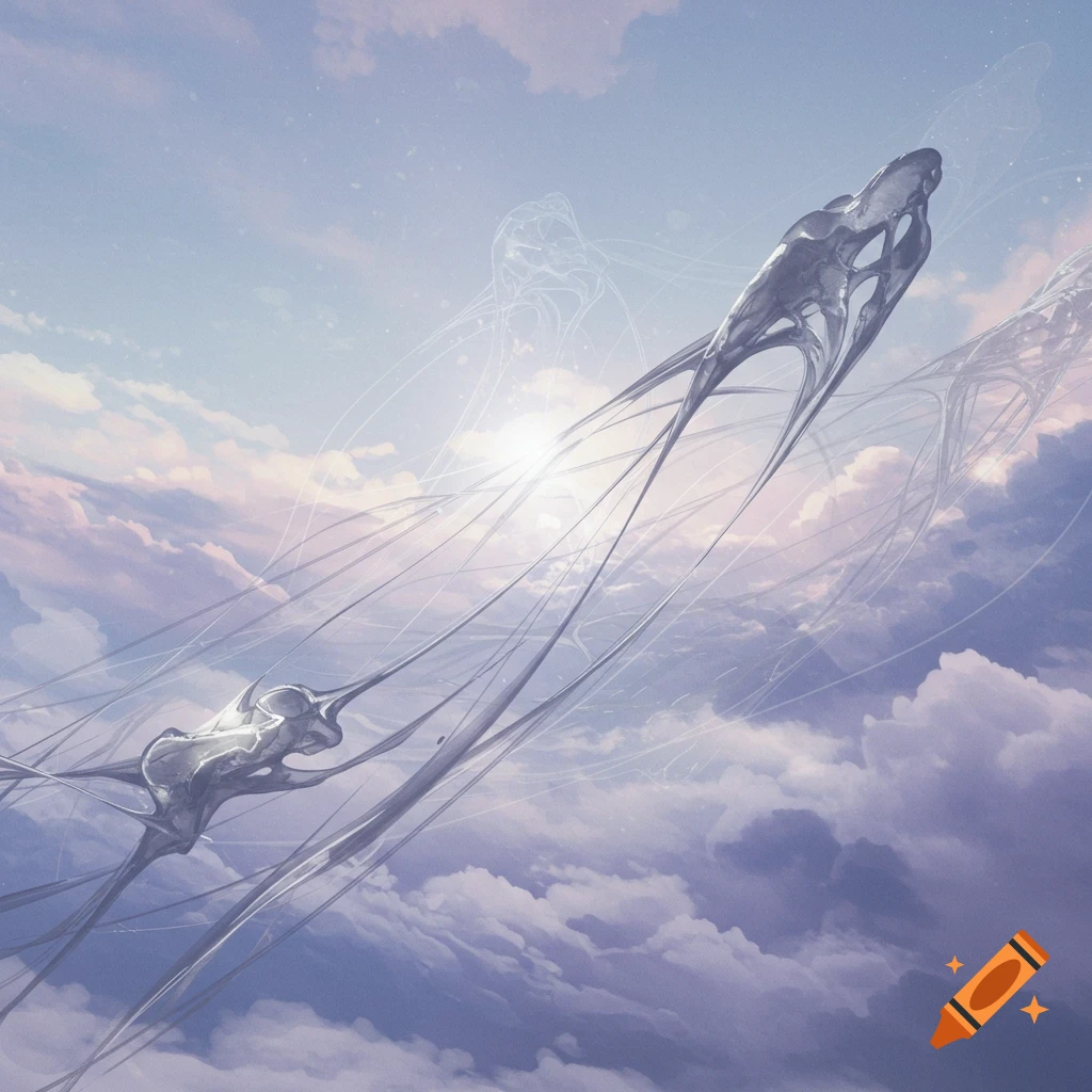 Two elongated, fluid-like silver structures float through a bright ...