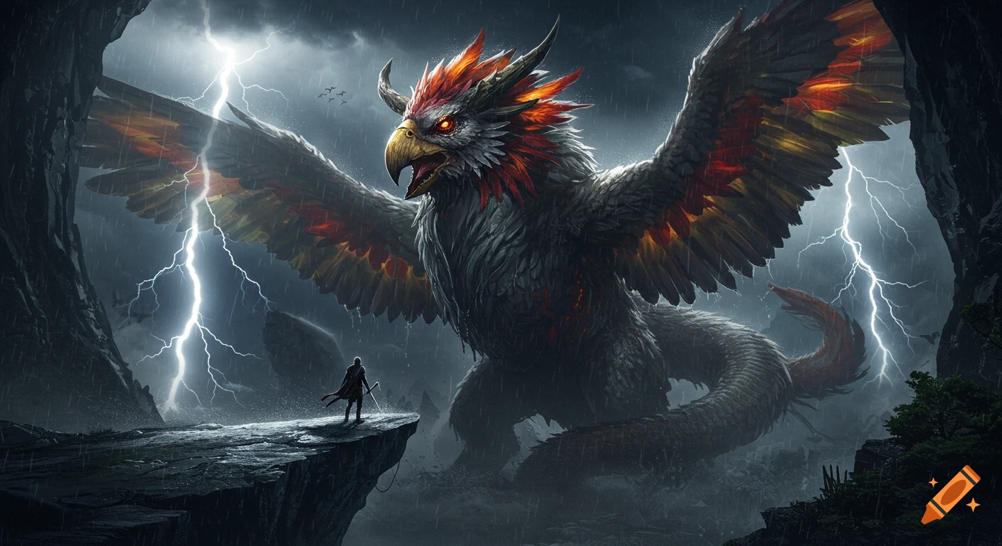 A majestic crane with widespread wings stands in a desolate, fiery ...