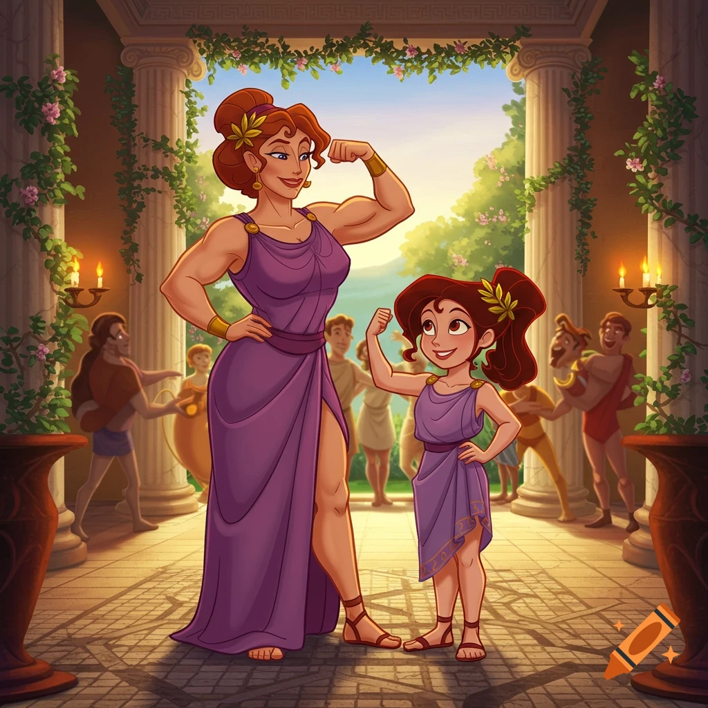 Meg's muscular mom and daughter Meg, in purple togas, flex biceps at a ...