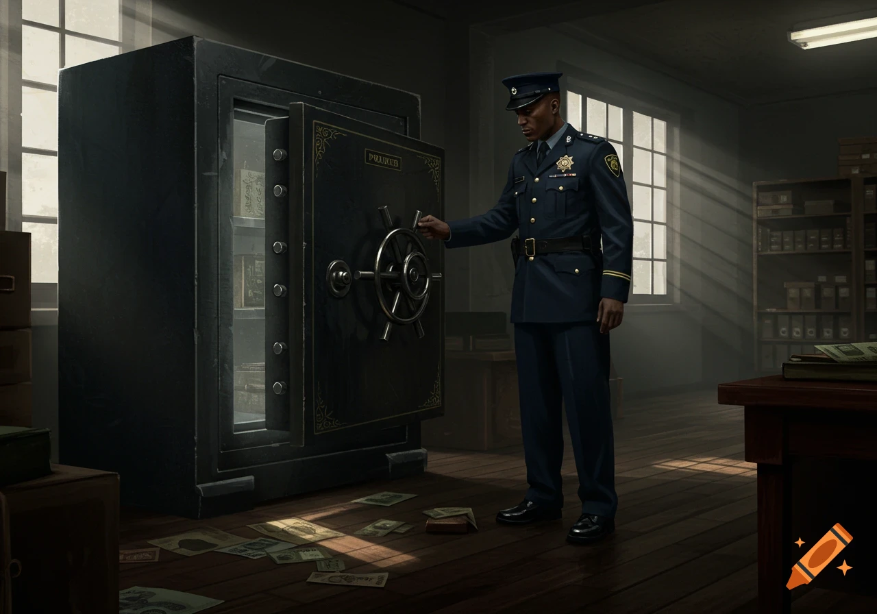 A police officer in uniform opens a large safe in a dimly lit room ...