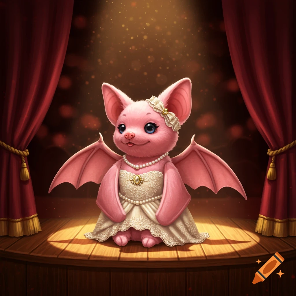 A cute pink bat wearing a white lace dress and pearls, sitting on a ...