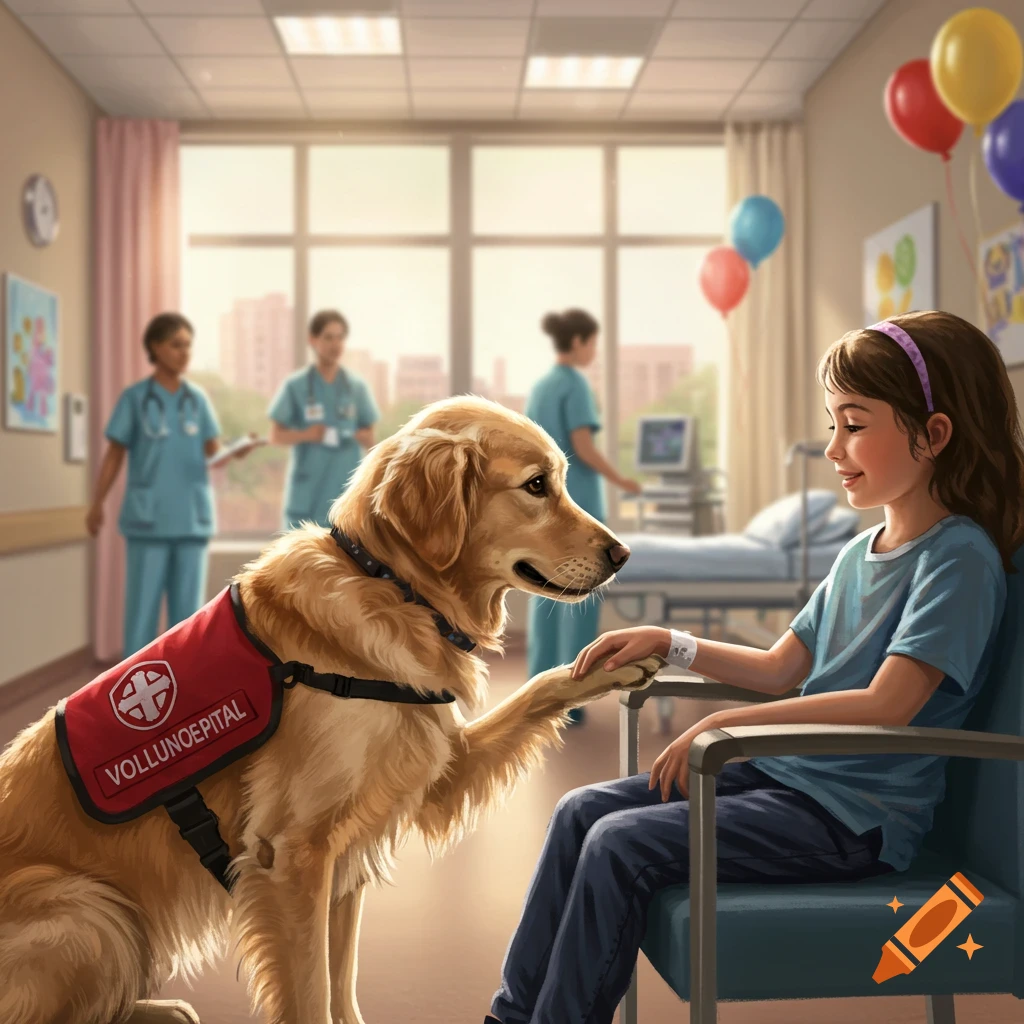 A golden retriever in a red vest gives its paw to a smiling girl in a ...