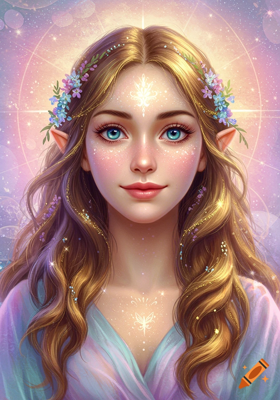 Close-up digital painting of a serene ethereal elf with long wavy ...