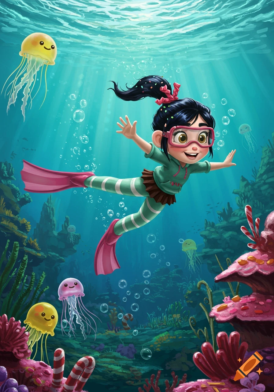 Animated Vanellope von Schweetz swims underwater, wearing goggles and ...