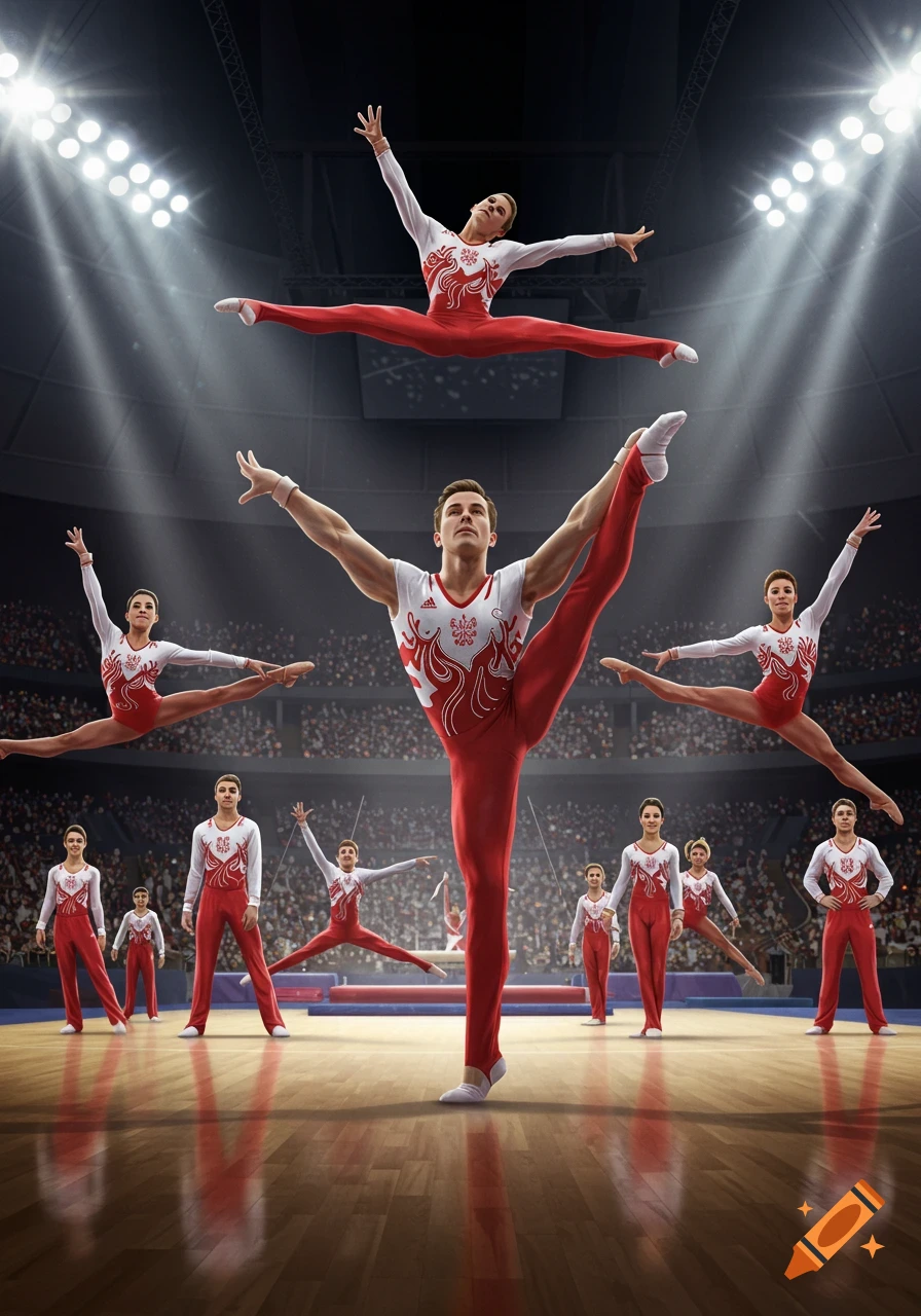 A gymnastics team performs in a stadium. Several gymnasts in red and ...