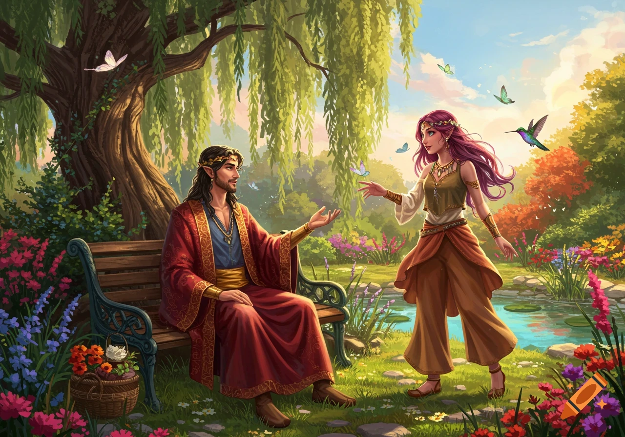 Four elves in green robes gather around a glowing crystal on a stone ...