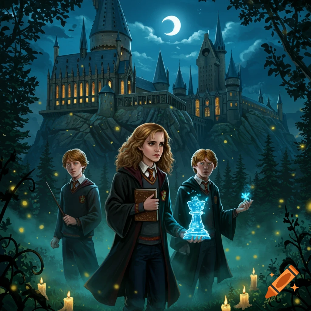 Harry Potter, Hermione, Ron, and Dobby stand in front of Hogwarts ...