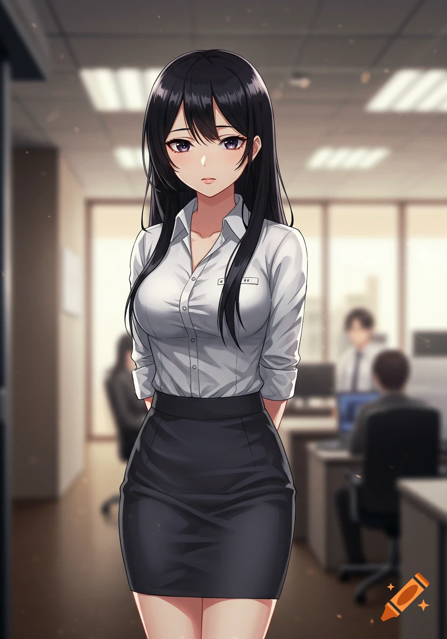 An anime woman with blonde hair, blue eyes, and glasses, wearing a low ...