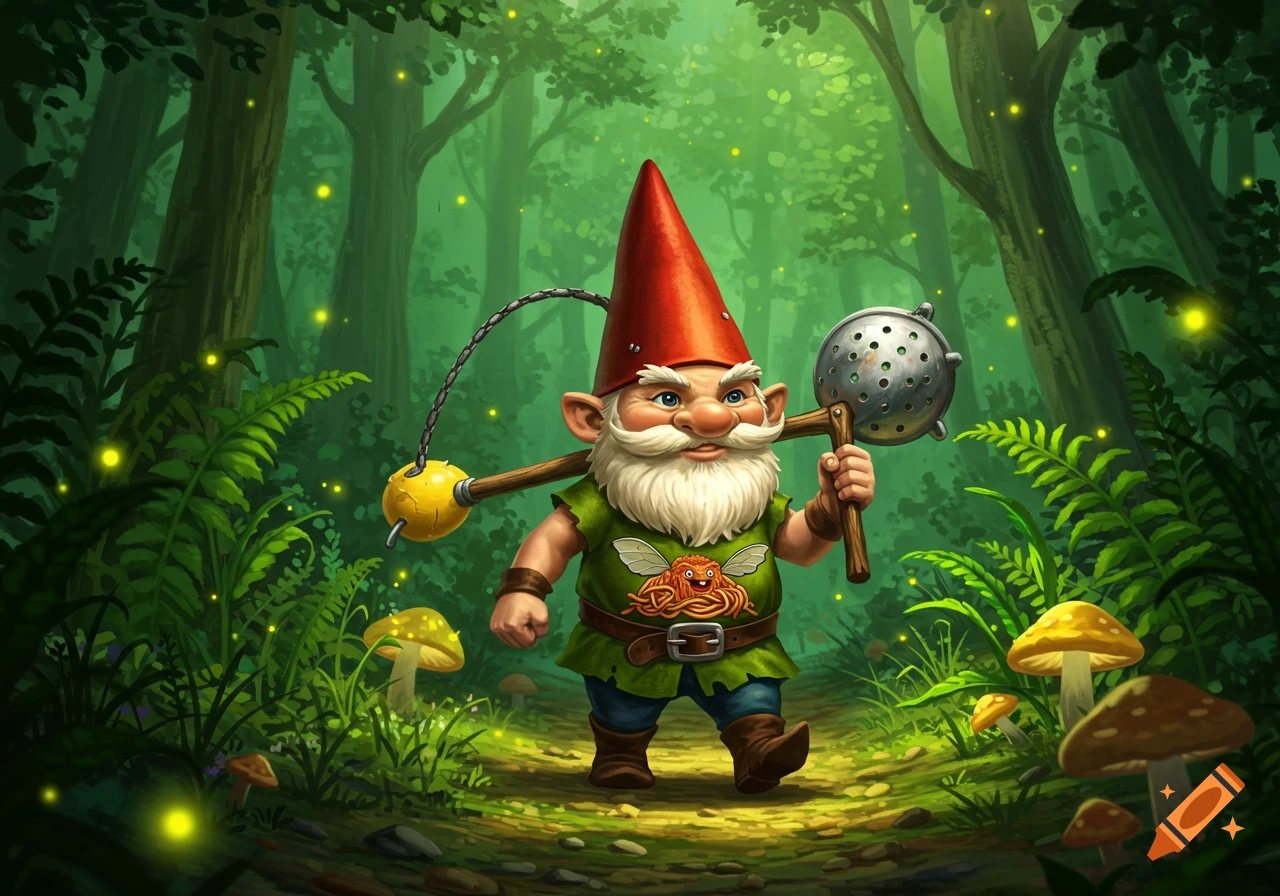 Whimsical gnome in a red hat, carrying a flail and colander, with a ...