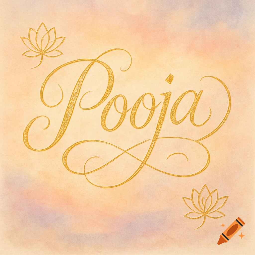 Golden calligraphic text spelling "Pooja" with two outline lotus ...