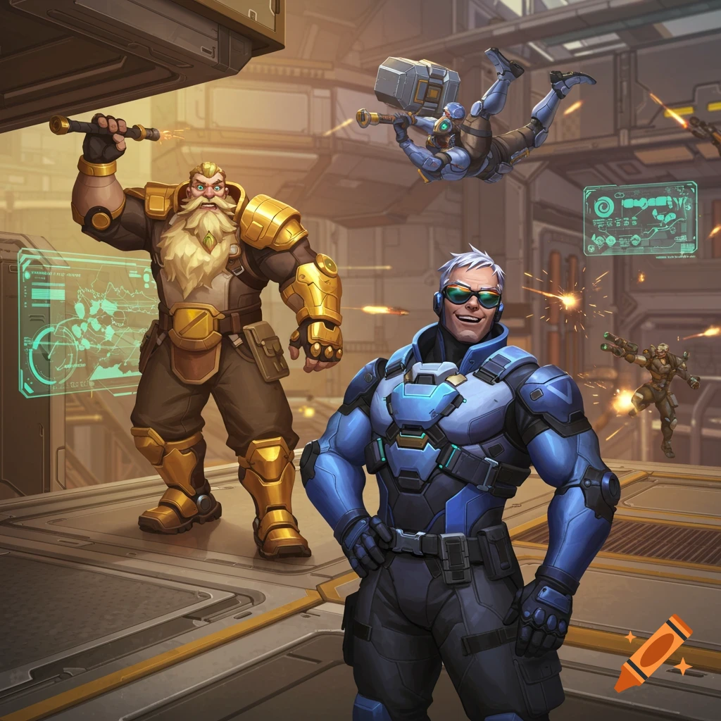 A dwarf-like character with golden armor and a blue-armored man smile ...