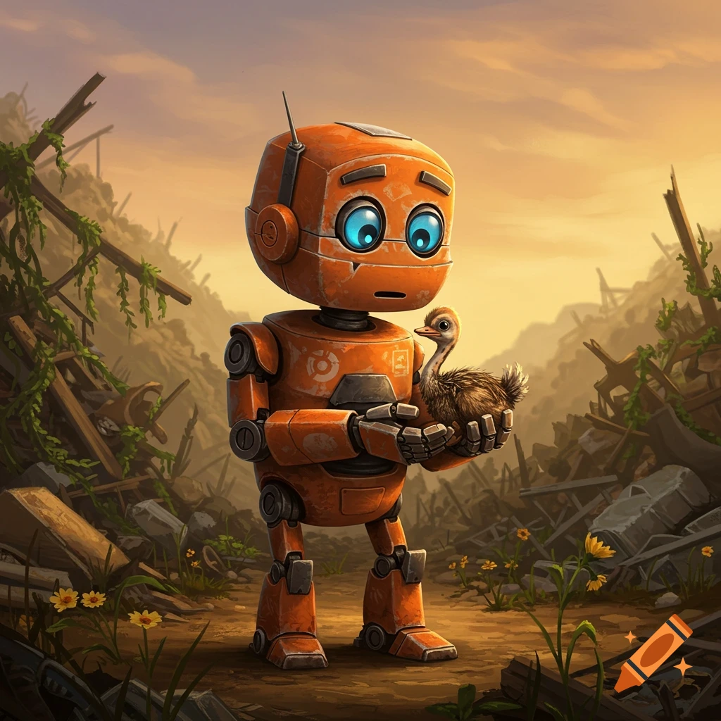 An orange robot with large blue eyes holds a fluffy baby ostrich in a ...