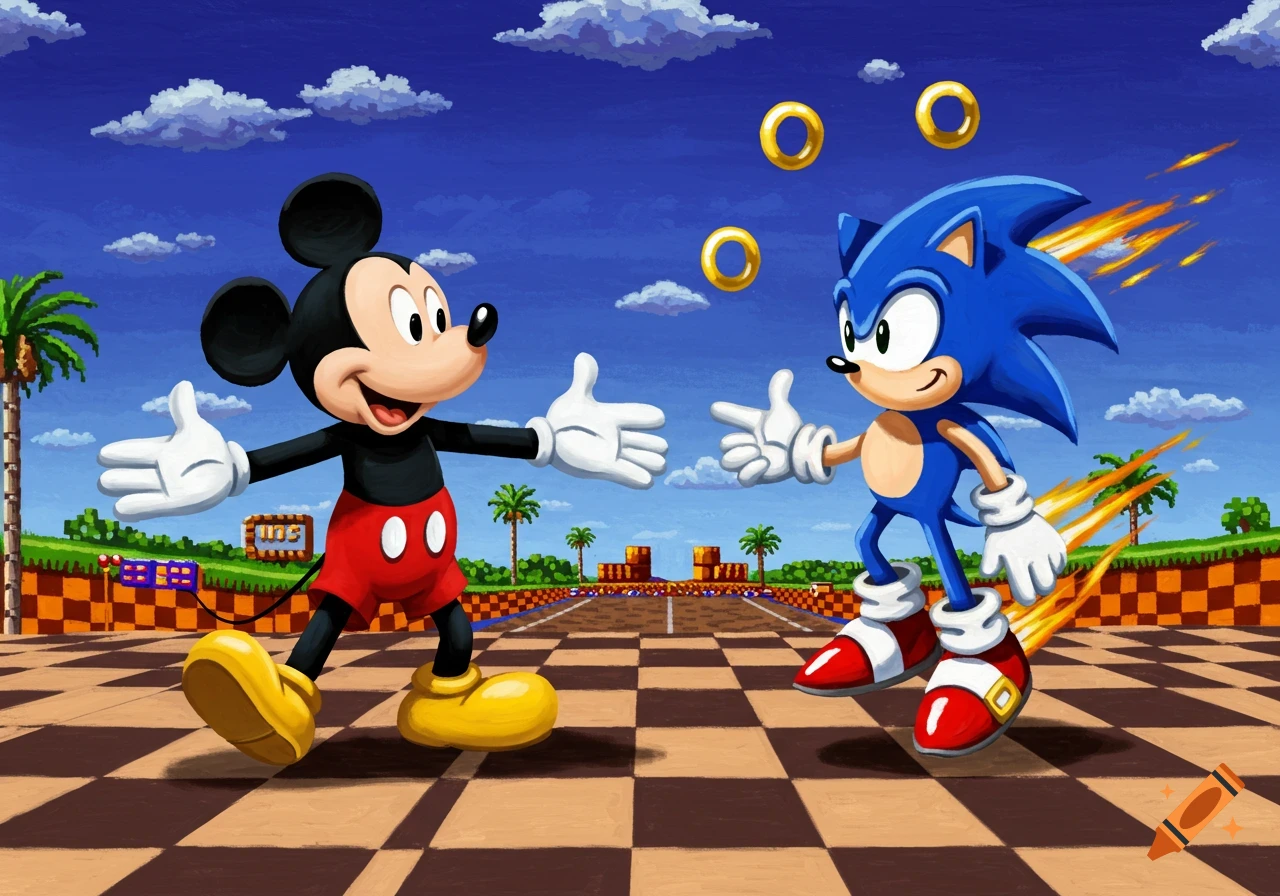 Mickey Mouse and Sonic the Hedgehog stand facing each other on a ...