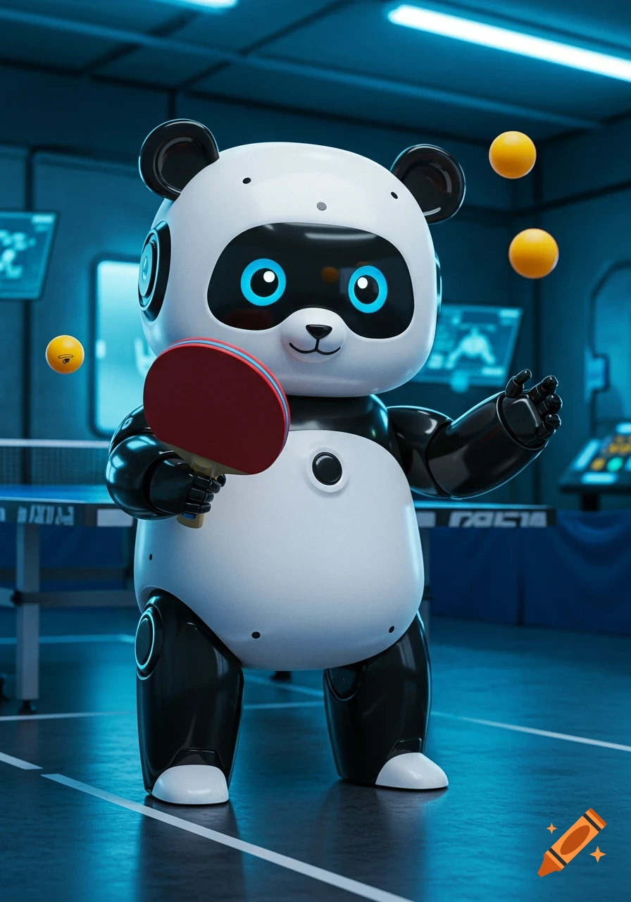 A cute panda-like robot with blue eyes holds a ping-pong paddle in a ...