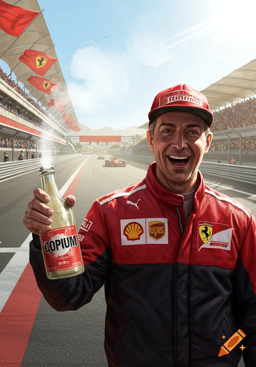 A man in a red and black Ferrari F1 racing jacket and cap laughs while ...