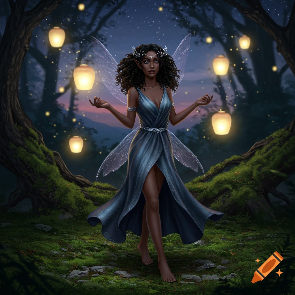 Fairies in an enchanted snowy forest celebrate Christmas around a ...