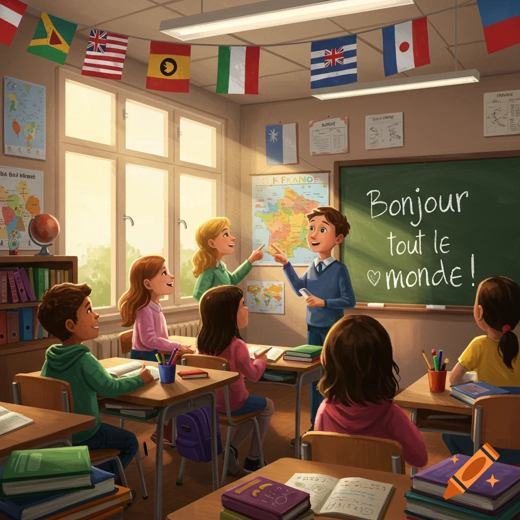 A cartoon illustration shows a child greeting a baker in a French cafe ...