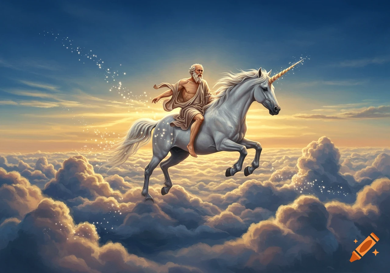 An old man with a beard and draped fabric rides a white unicorn through ...