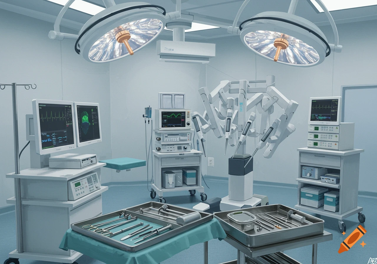 A brightly lit, modern operating room features advanced medical ...