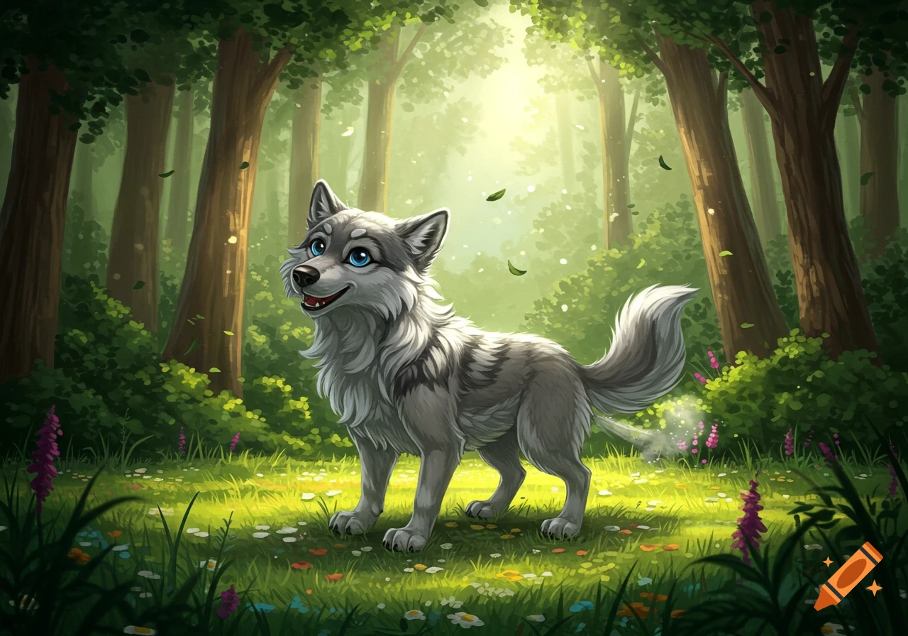 A cute, gray wolf character with blue eyes stands in a sunny, verdant ...