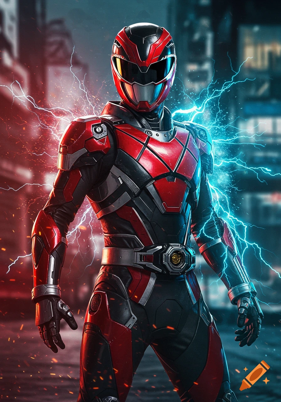Red and black armored Power Ranger-like superhero with red and blue ...