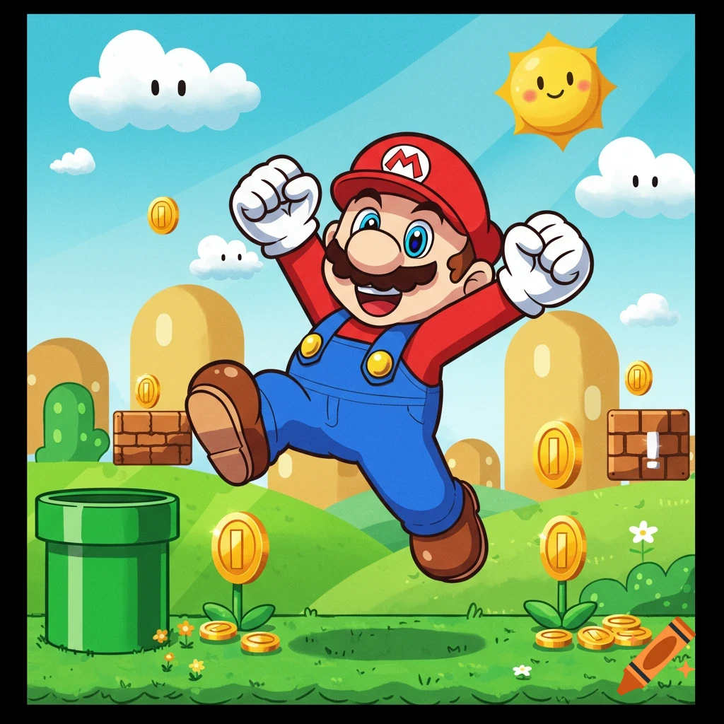 Super Mario jumps in a colorful cartoon landscape with coins, green ...