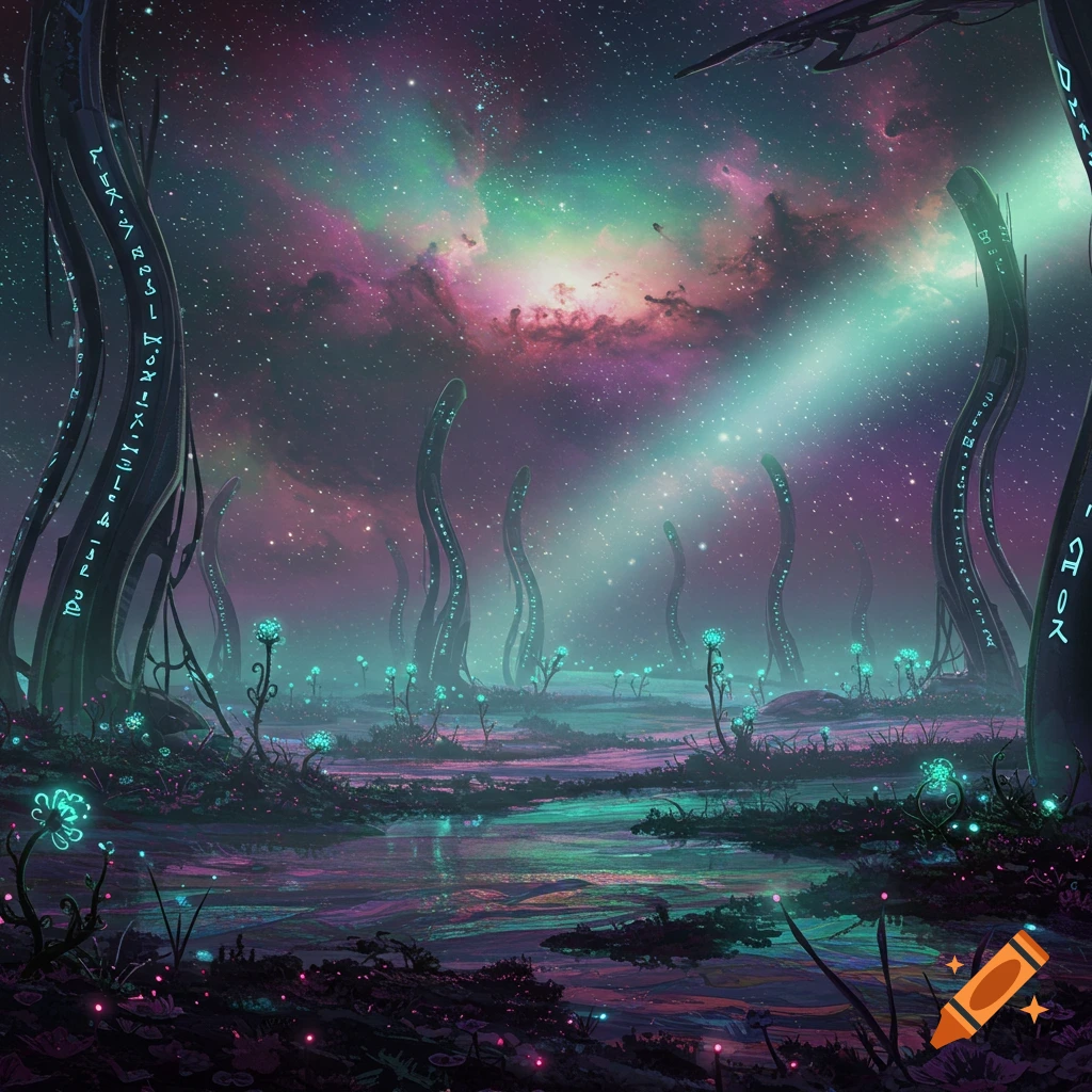 A vibrant alien landscape with glowing flora, tall structures with ...
