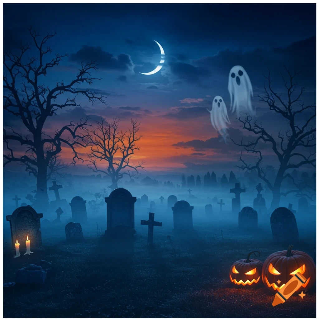 A spooky, foggy graveyard at dusk with two jack-o'-lanterns, glowing ...
