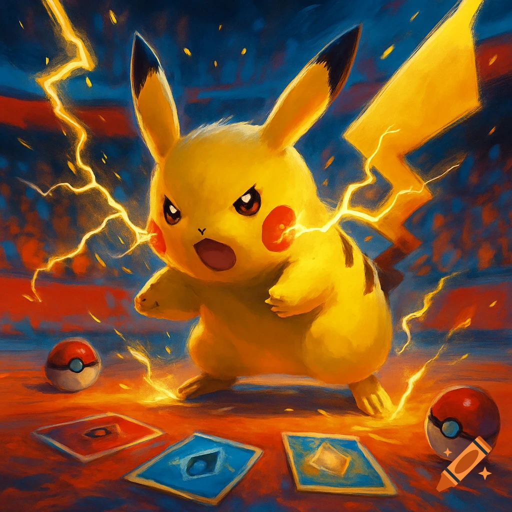 Vibrant painterly Pikachu crackling with lightning, surrounded by Poké ...