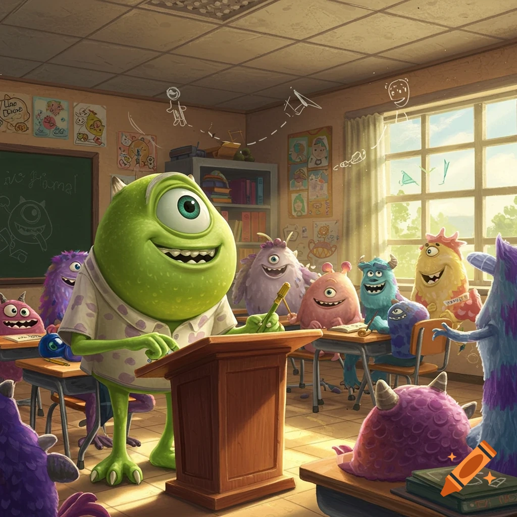 Mike Wazowski, with a slight hump, teaches a class of diverse, colorful ...