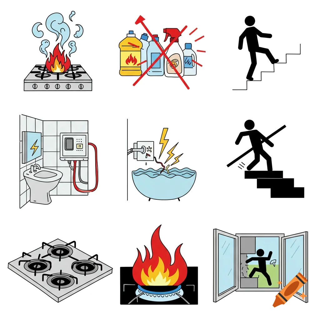 Nine cartoon pictograms illustrating domestic hazards including stove ...