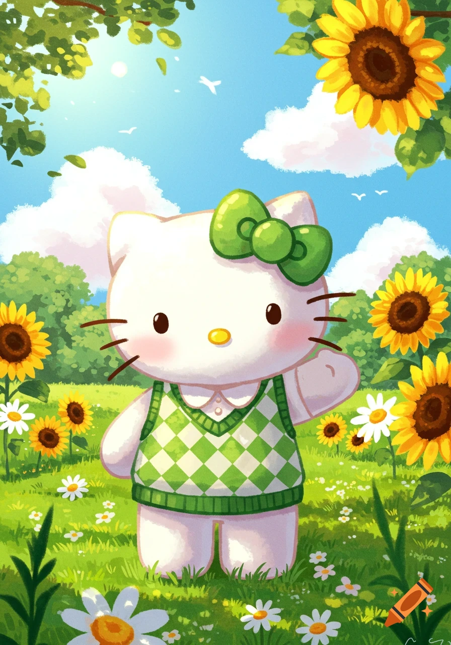 A cute, cartoonish Hello Kitty wearing a green argyle vest stands in a ...