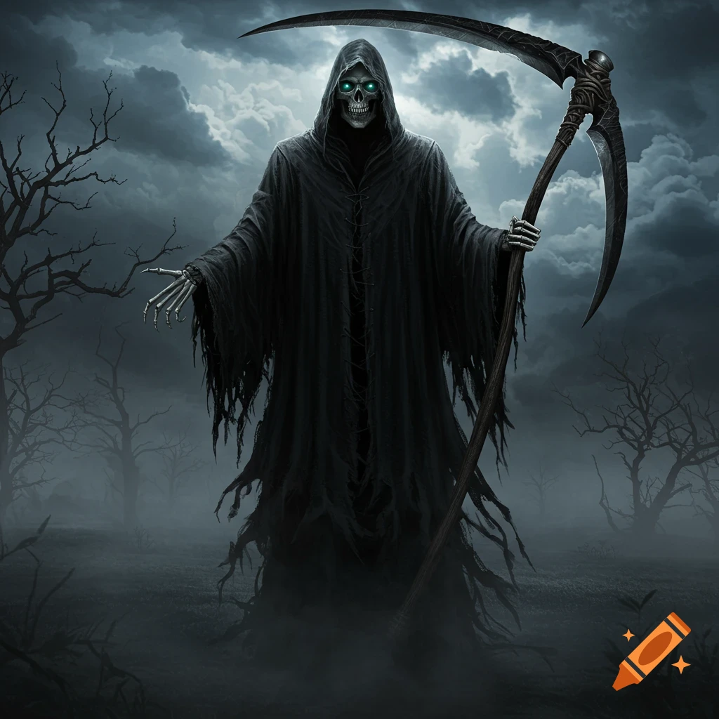 A shadowy Grim Reaper stands in a foggy cemetery, holding a large ...