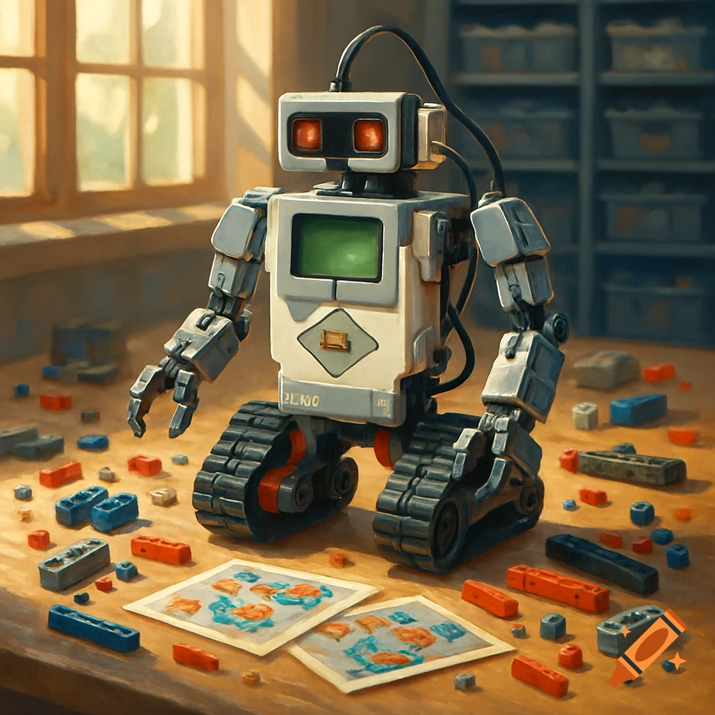 A shiny metallic robot with glowing blue eyes typing on a vintage ...