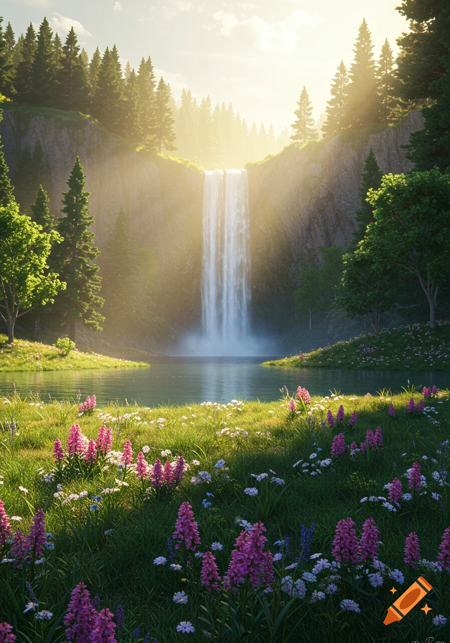 A stunning landscape of a tall waterfall flowing into a calm lake ...