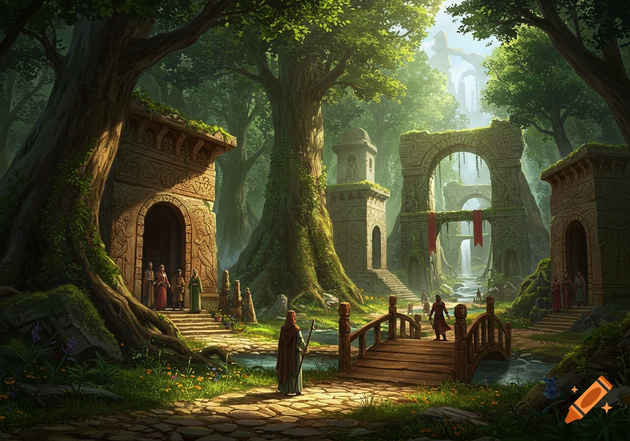 A fantasy landscape of ancient stone ruins nestled in a lush, sun ...