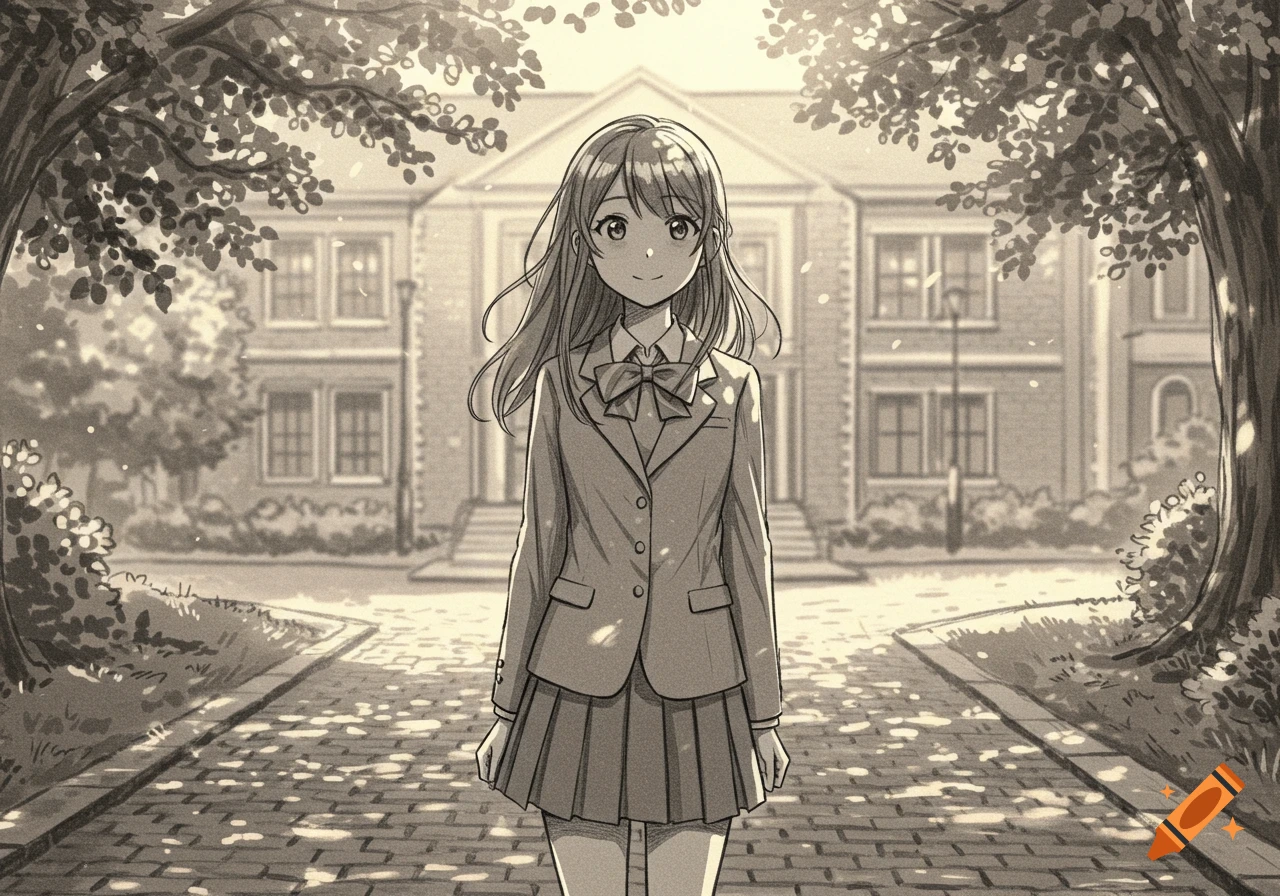 Anime schoolgirl in uniform stands on a path in front of a school ...