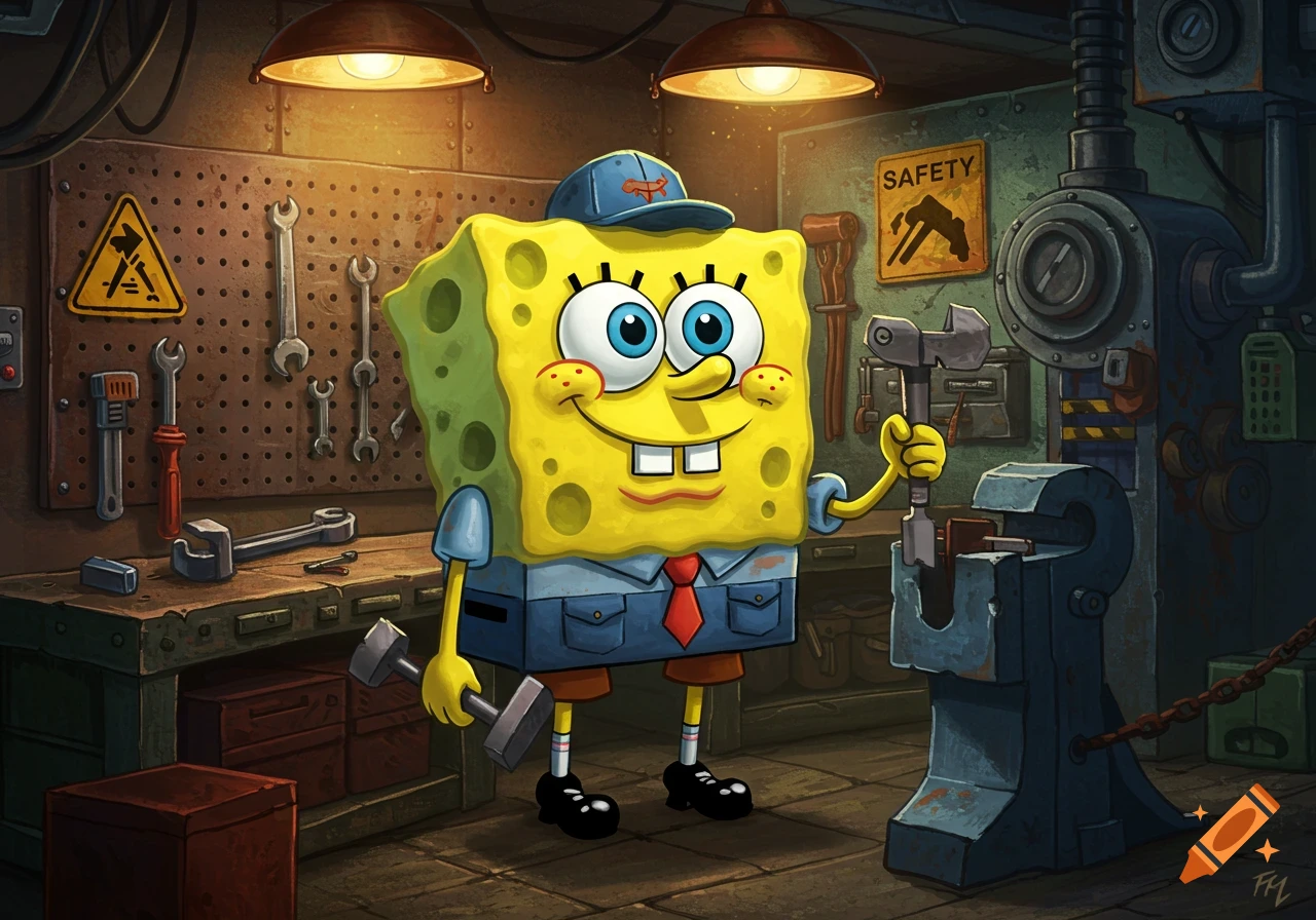 Spongebob Squarepants in a blue shirt, red tie, and cap, holding tools ...