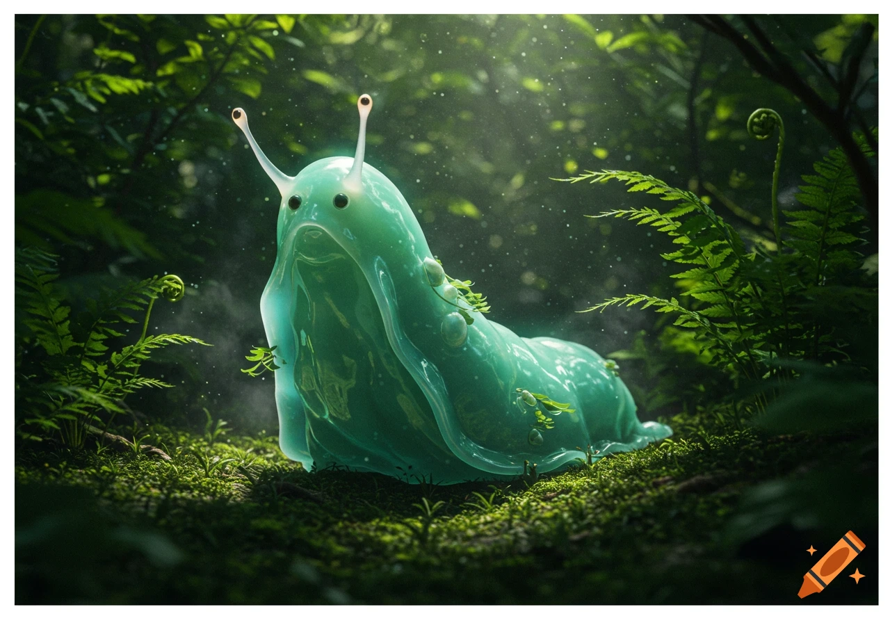 A luminous, translucent green slug-like creature with antennae sits on ...