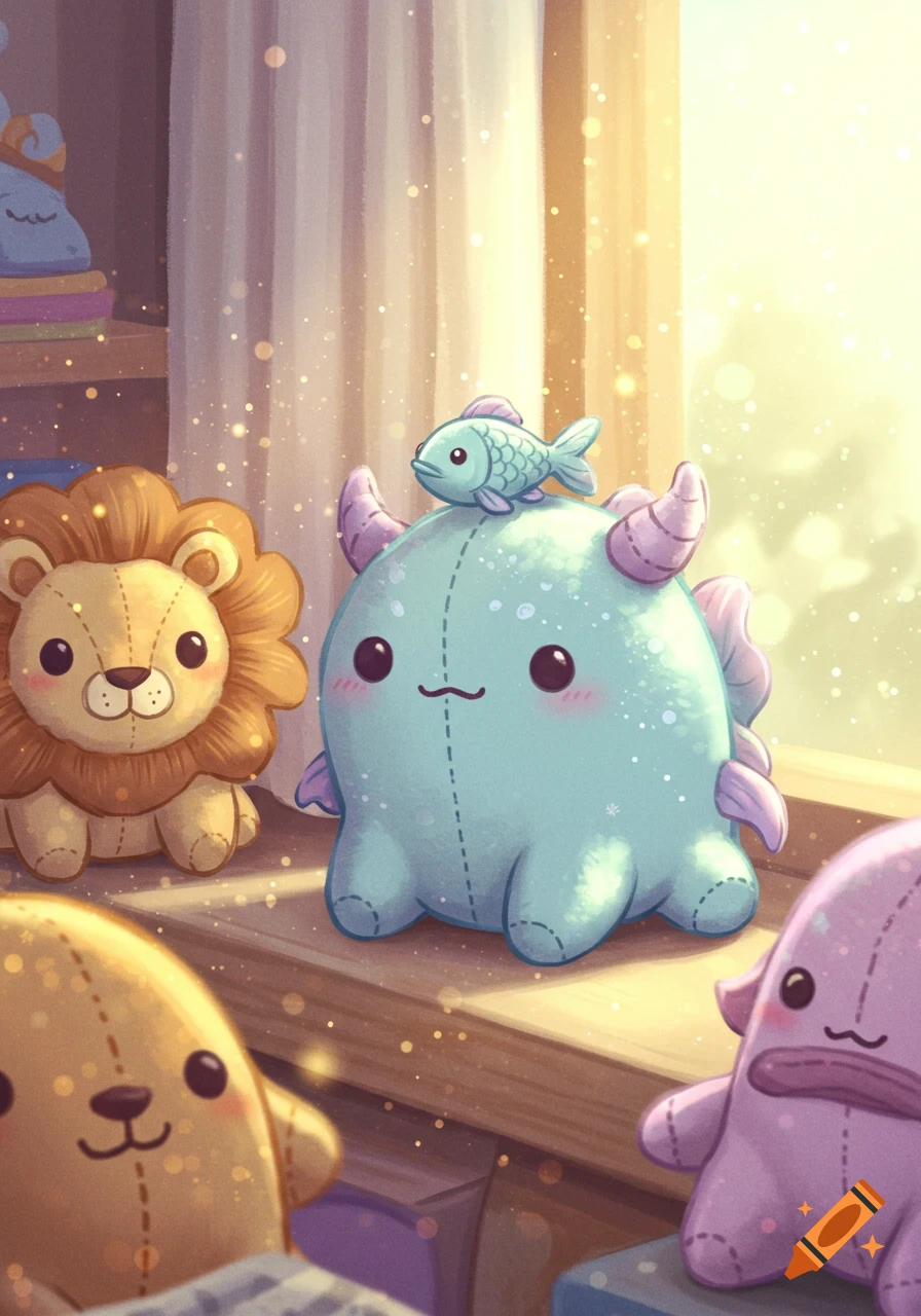 Cartoon girl Mandi relaxes in bed with purple plushies, while a grey ...