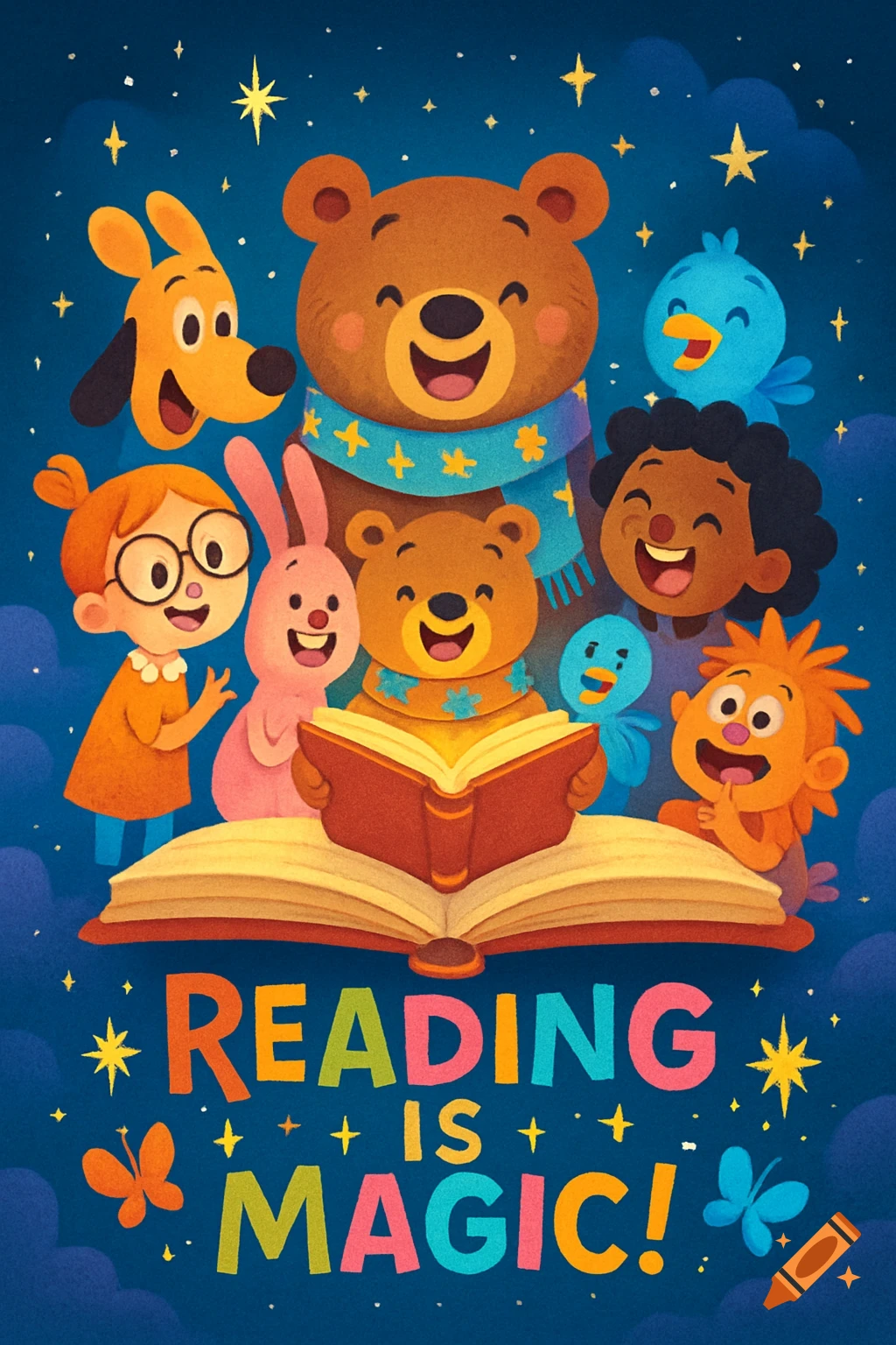 A whimsical cartoon of diverse children and animal characters happily ...