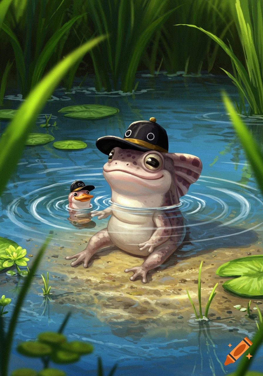 A crying cartoon mime frog sits sadly beside a spilled chocolate ice ...