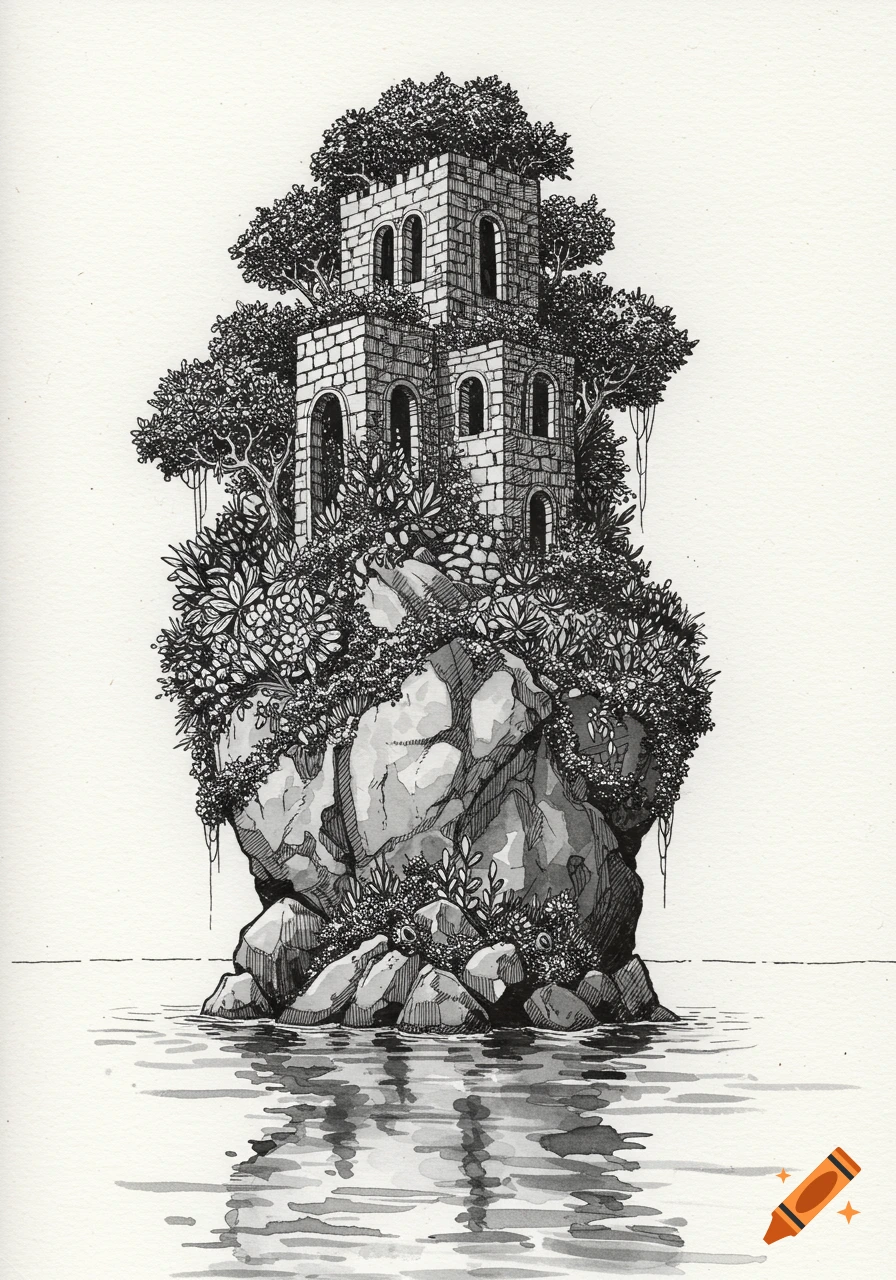 Charcoal drawing of a small cottage with a garden in black and white on ...